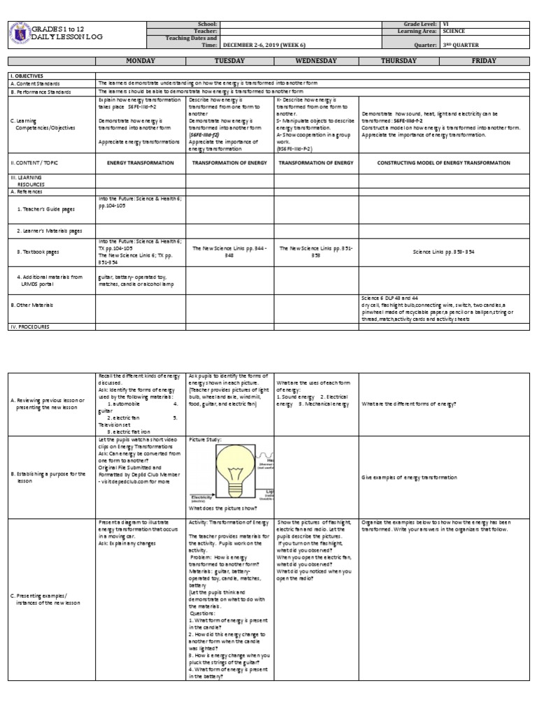 Energy Transformation Lesson Plan Grade 6 | PDF | Differentiated ...
