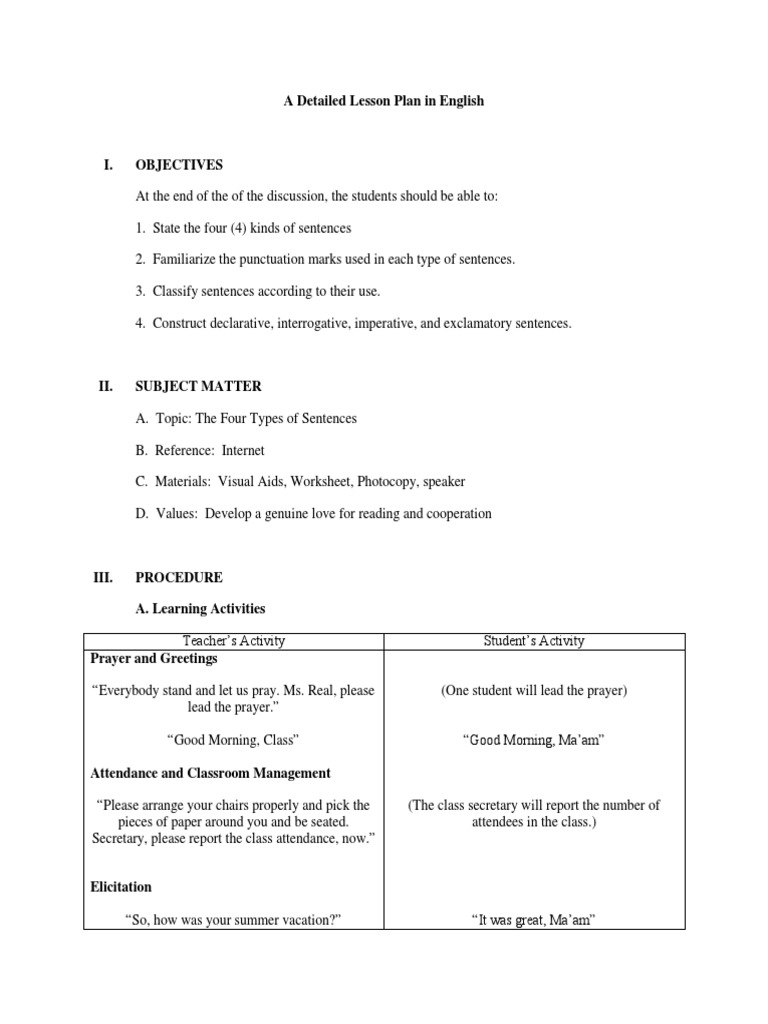Detailed Lesson Plan - CHRISTINE JOY (Types of Sentences) | PDF ...