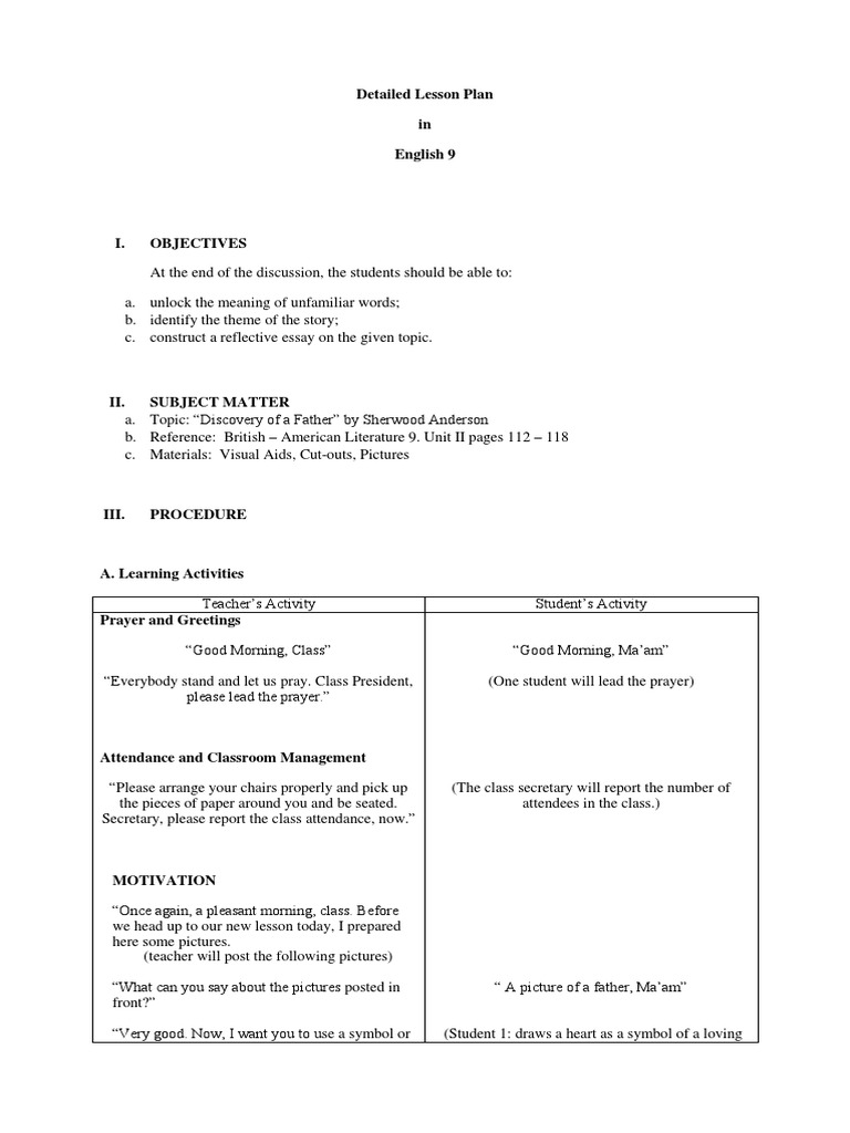 Detailed Lesson Plan - CHRISTINE JOY (Discovery of A Father) | PDF ...