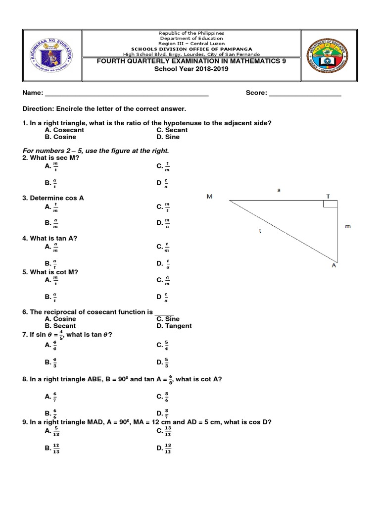 Grade 9 - Fourth Grading Periodic Test in Mathematics | PDF ...