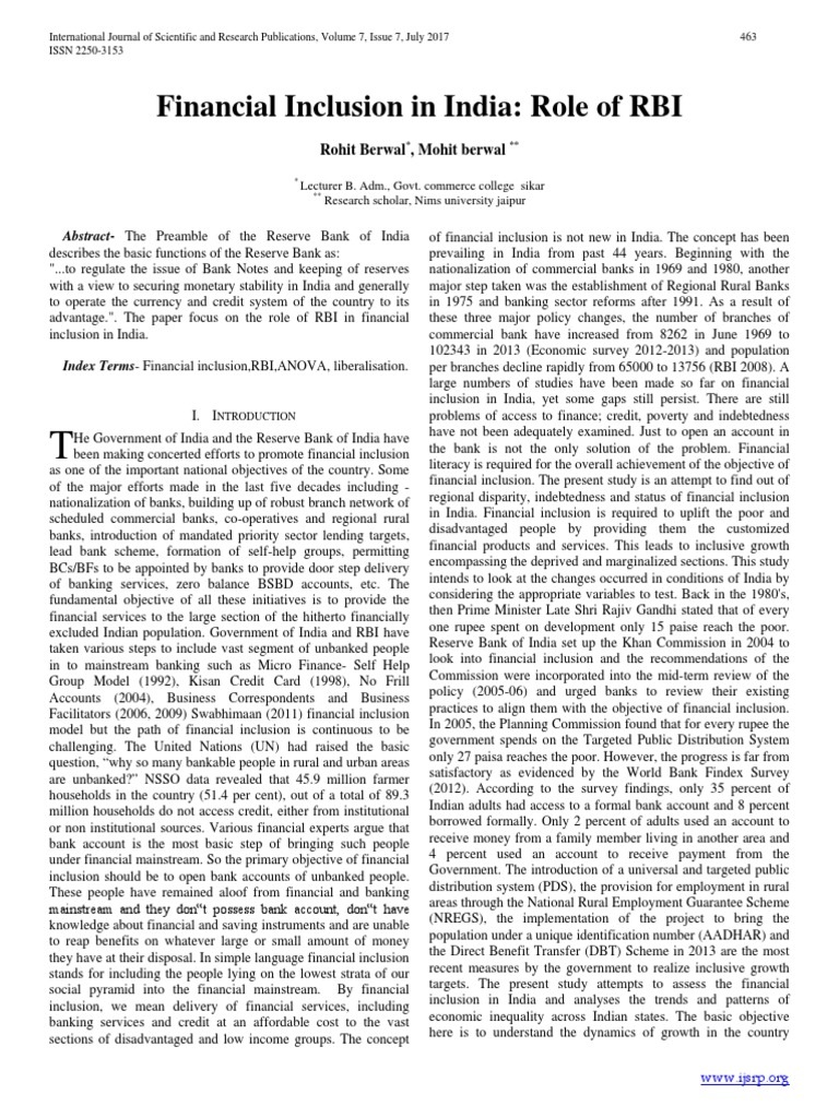 Financial Inclusion in India - Role of RBI | PDF | Financial Inclusion ...