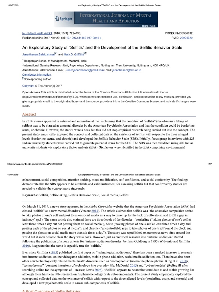 An Exploratory Study of "Selfitis" and ... Lopment of The Selfitis ...