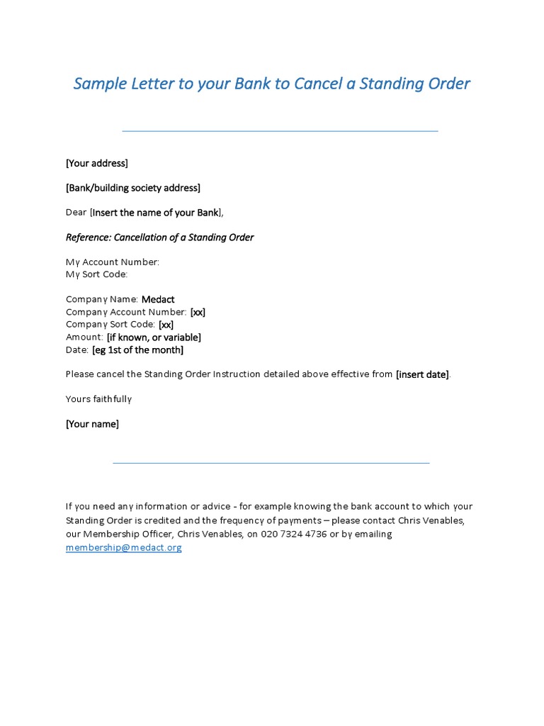 Letter To Cancel A Bank Standing Order | PDF | Business | Finance ...