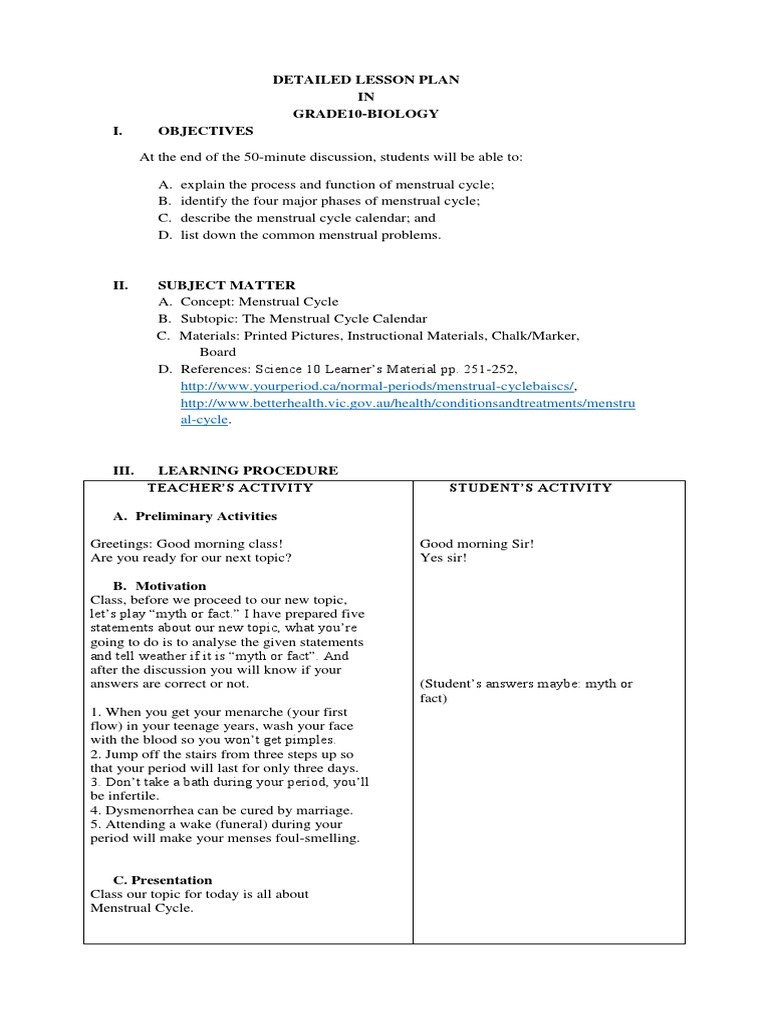 Lesson Plan in Menstrual Cycle | PDF | Menstrual Cycle | Menstruation