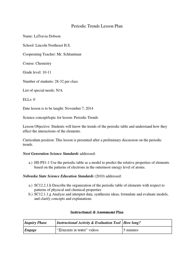 Periodic Trends Lesson Plan | PDF | Periodic Table | Chemical Elements