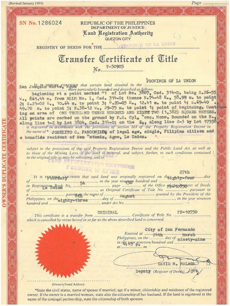 Sample Transfer Certificate of Title | PDF