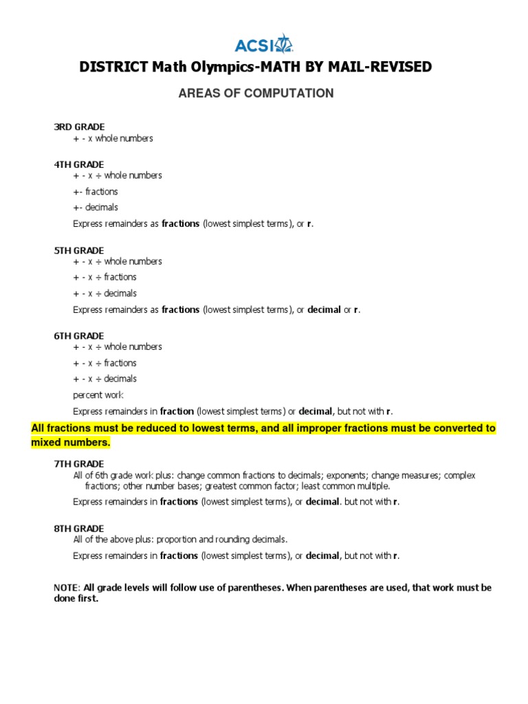 ACSI Math Olympics Practice Guide | PDF | Fraction (Mathematics) | Numbers