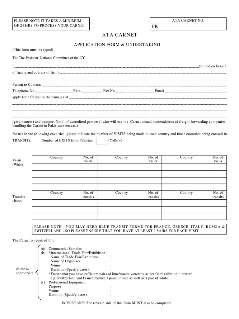 ATA Carnets Application Form & Underatking | PDF | Customs | Government