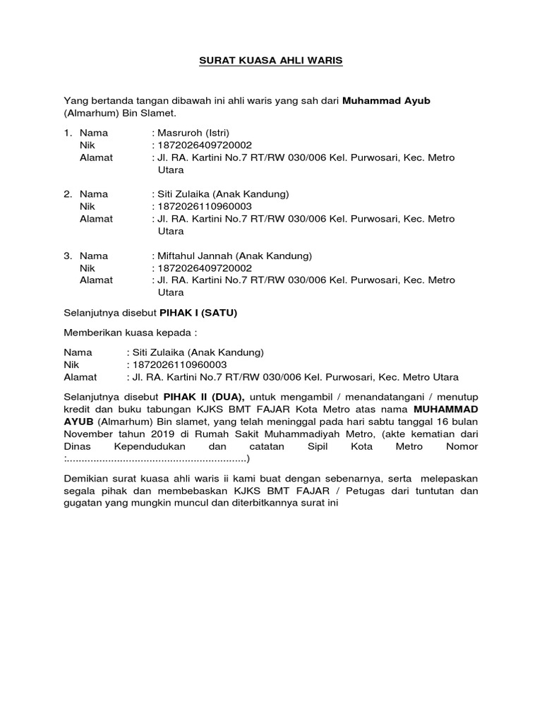 Surat Kuasa Ahli Waris | PDF