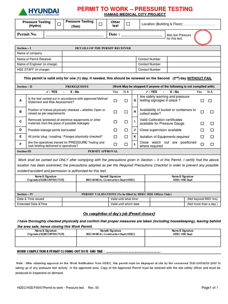 47.HDEC-HSE-F0047 Pressure Test Permit | PDF | Safety | Nature
