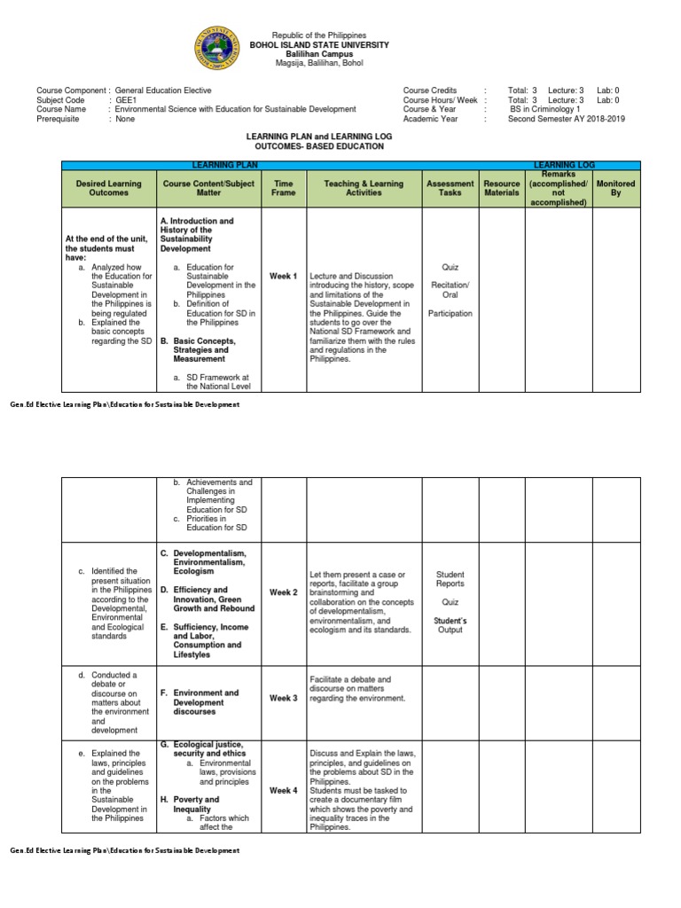 GEE1 Learning Plan for Sustainable Education | PDF | Sustainability ...
