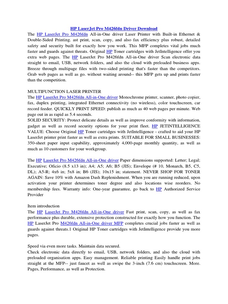 HP LaserJet Pro M426fdn Driver Download | PDF | Printer (Computing) | Media Technology