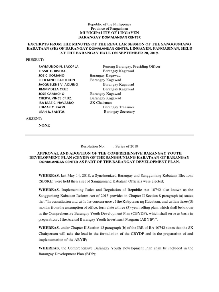 FINAL DOMALANDAN CBYDP Resolution | PDF | Youth Organizations | Local ...