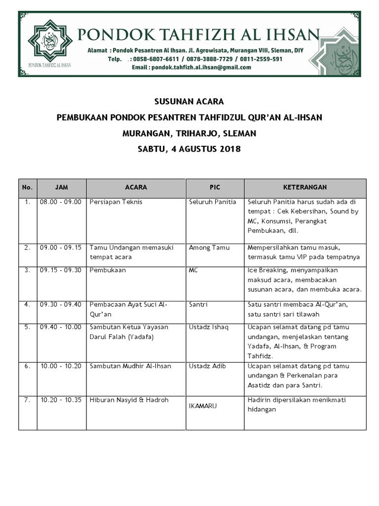 Rundown Acara Pembukaan Pondok Pesantren | PDF