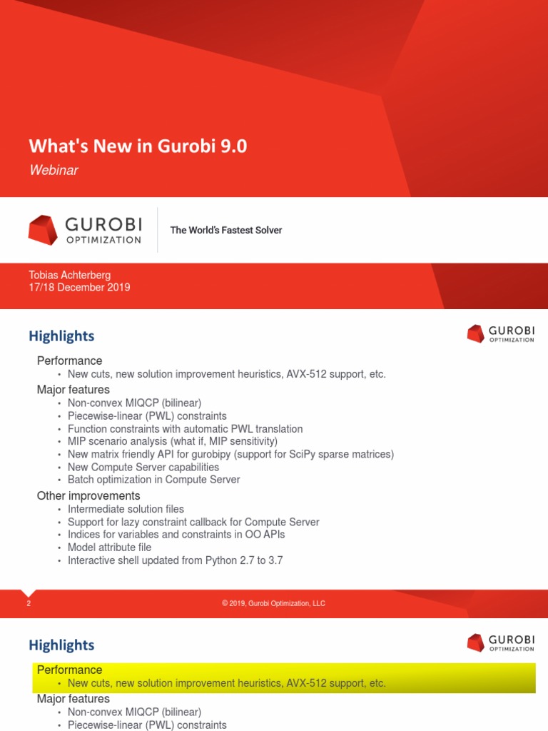 Gurobi 9.0 Overview Webinar Slides 1 PDF | PDF | Mathematical ... Gurobi 9.0 Overview Webinar Slides 1 PDF | PDF | Mathematical ...