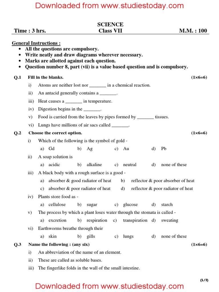 CBSE Class 7 Science Sample Paper Set P | PDF | Tooth | Oral Hygiene