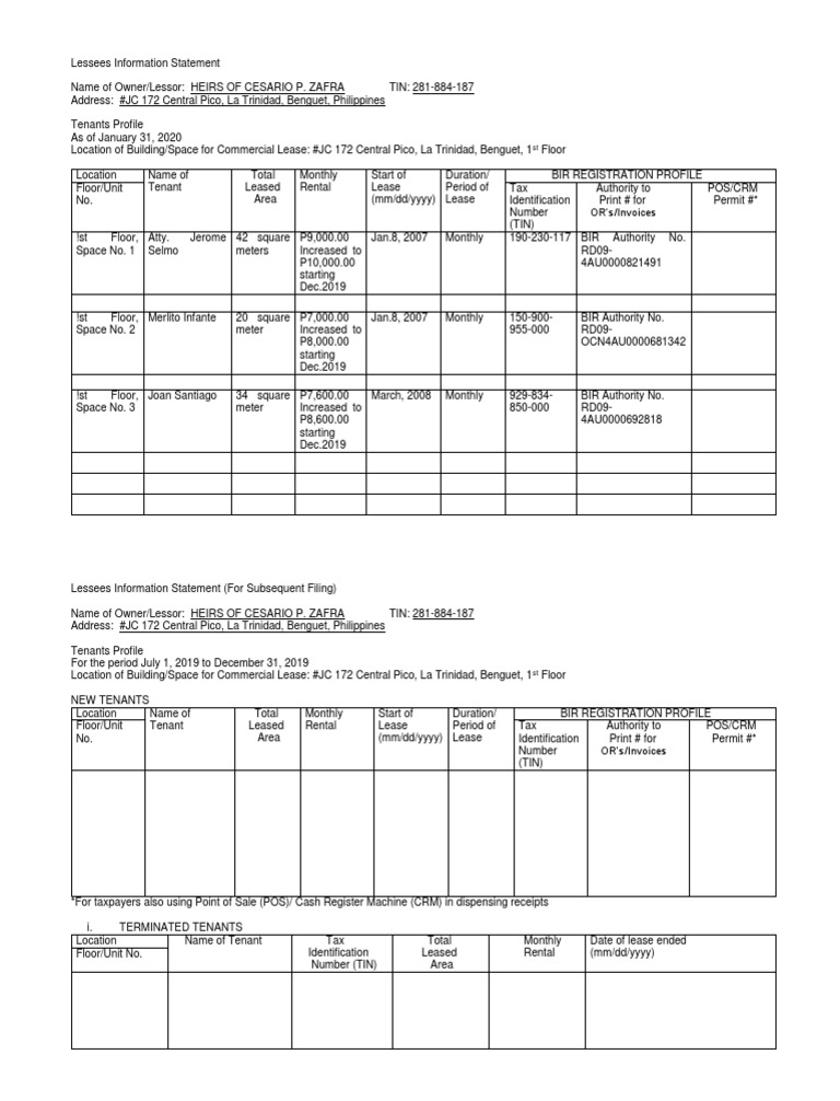 Lessees Information Statement For BIR 2 | PDF | Lease | Point Of Sale