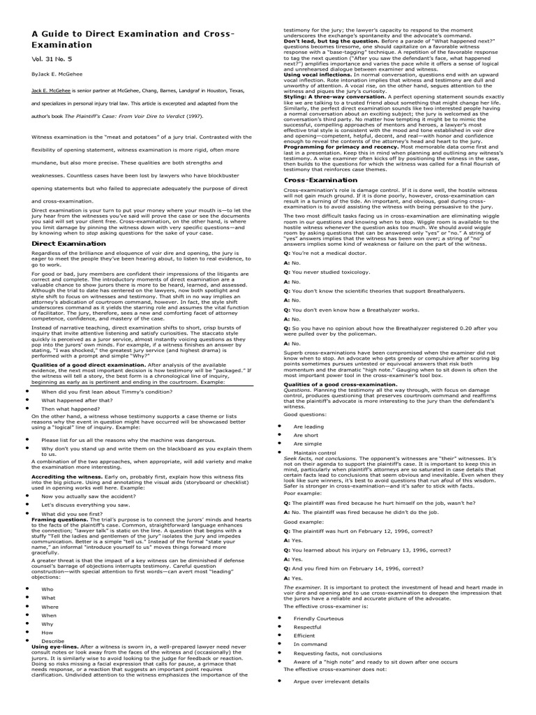 Direct and Cross Examination Strategies | PDF | Witness | Cross Examination