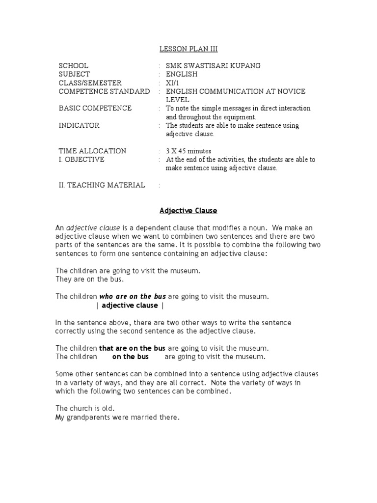 LESSON PLAN-Adjective Clause | PDF | Adjective | Clause