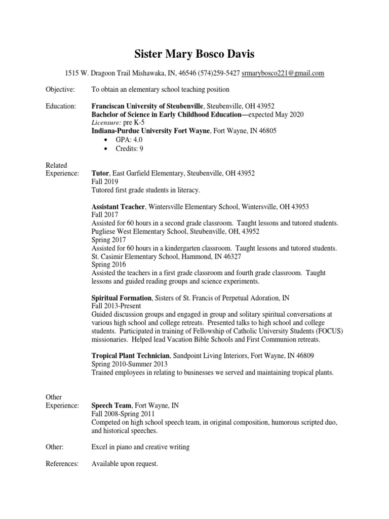 Sister Mary Bosco Resume | PDF | Teachers | Cognition