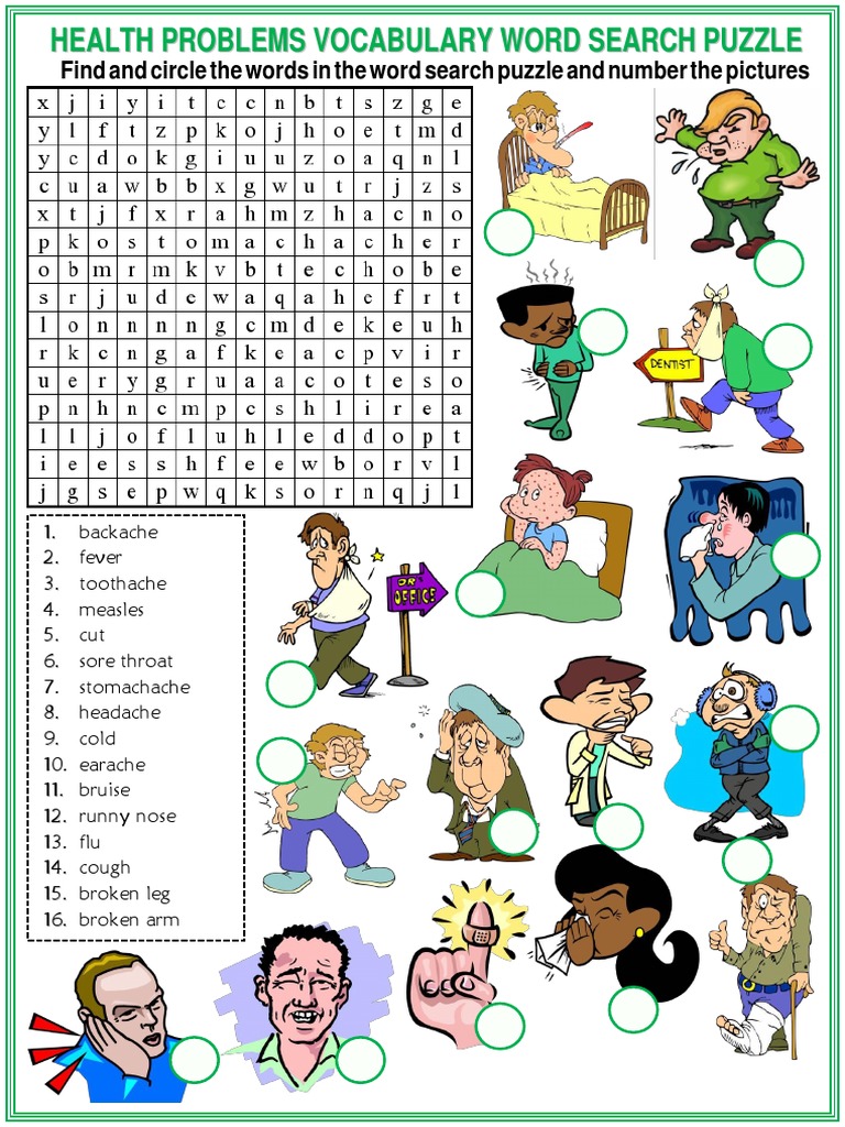 Health Problems Vocabulary Esl Word Search Puzzle Worksheet For Kids | PDF