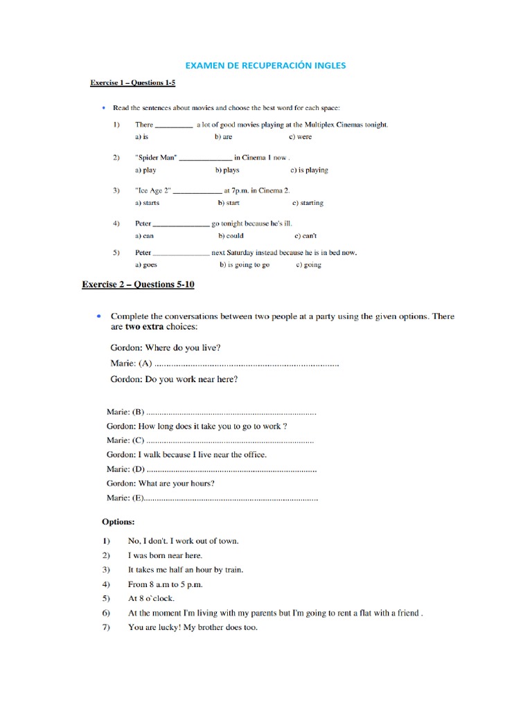Examen de Recuperación Ingles | PDF Examen de Recuperación Ingles | PDF