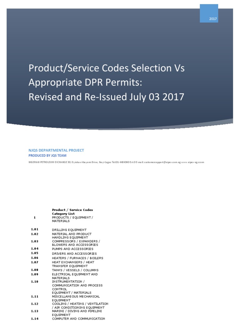 New NipeX Product Code Booklet Vs DPR Permts Revised and Re Issued July ...