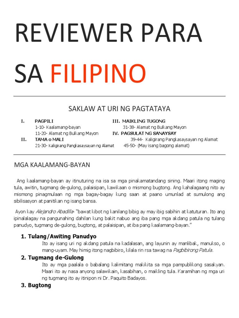 REVIEWER PARA SA FILIPINO Converted Edited | PDF
