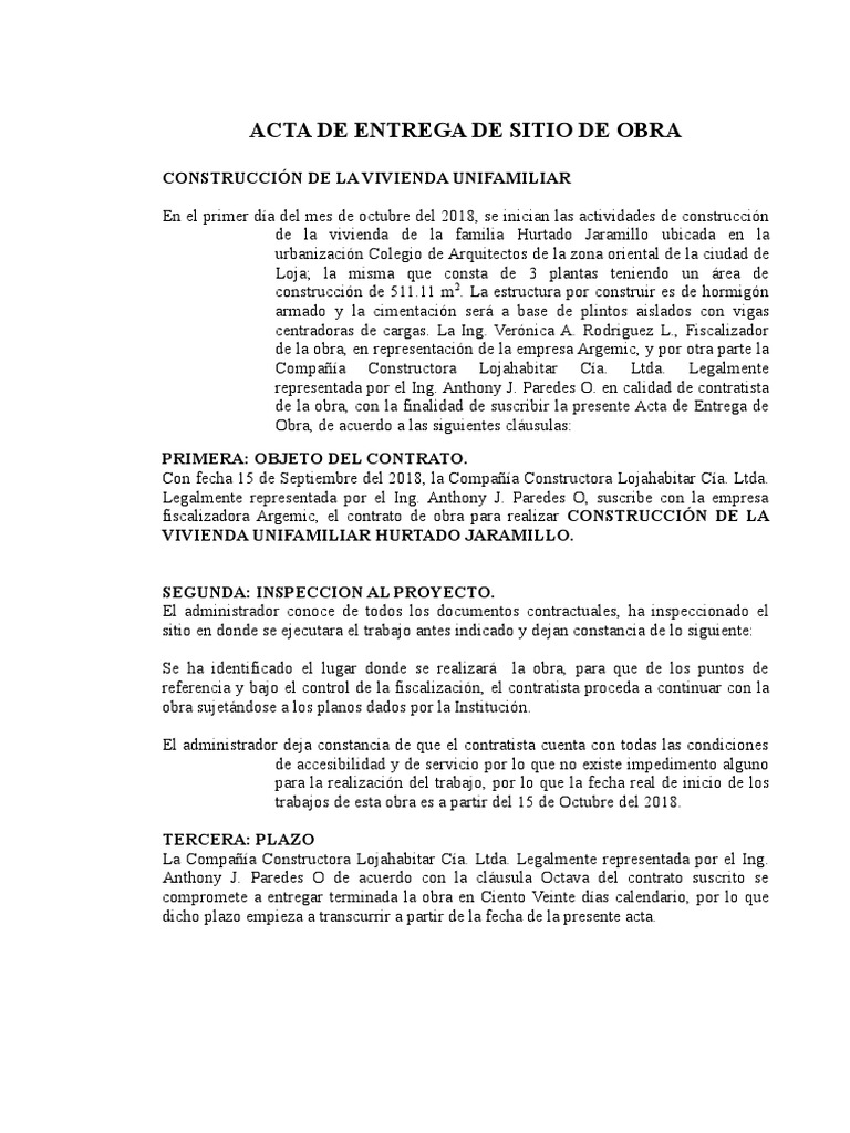Modelo de Acta de Entrega-Recepción Obra | PDF