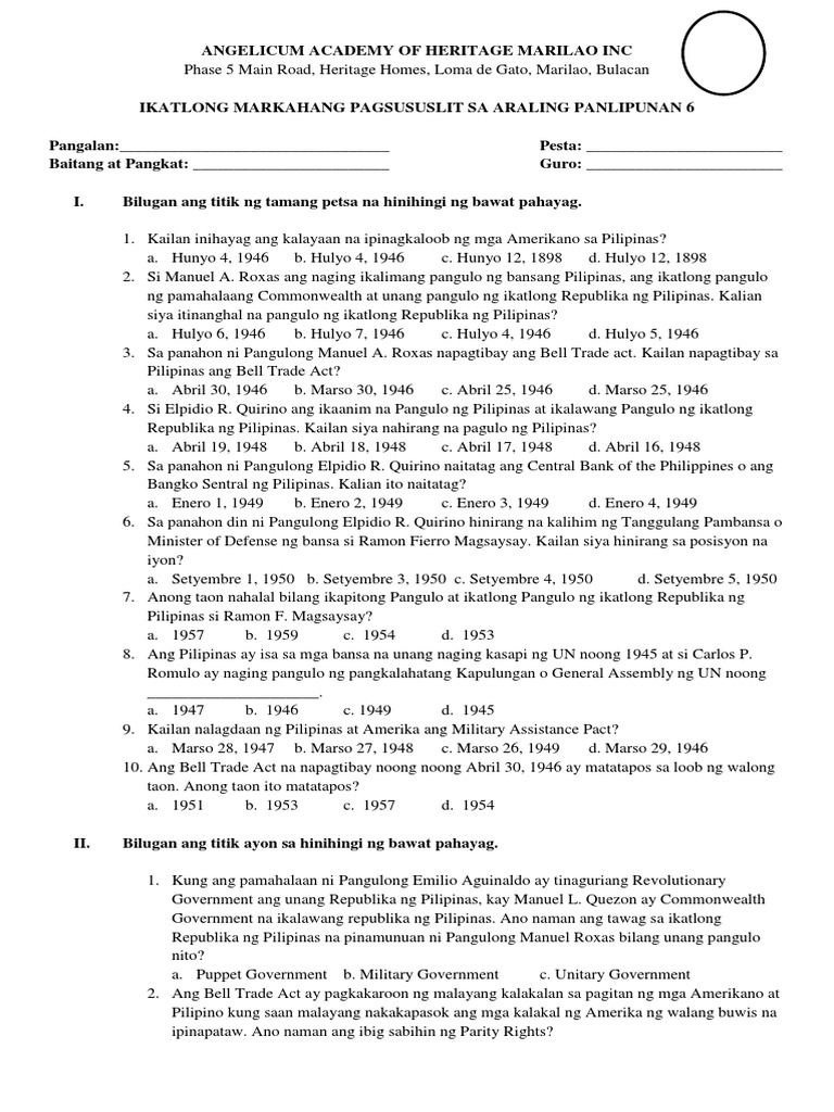 3rd Quarter Test AP 6 | PDF