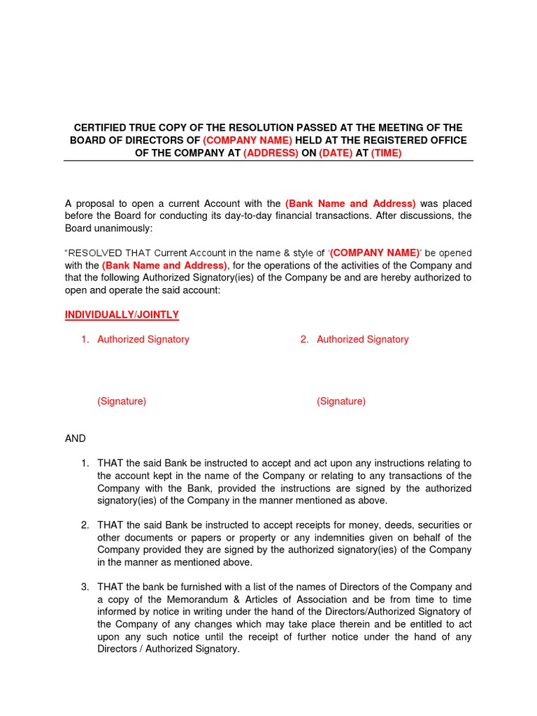 Board Resolution For Opening Bank Account | PDF | Overdraft | Banks