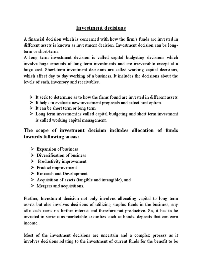 Investment Decisions - Chapter - 1 Updated | PDF | Cash And Cash ...