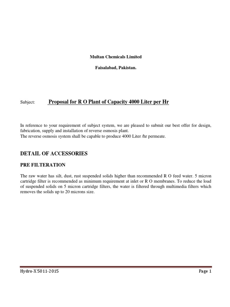 4000 LPH Reverse Osmosis Plant Proposal | PDF | Filtration | Pump