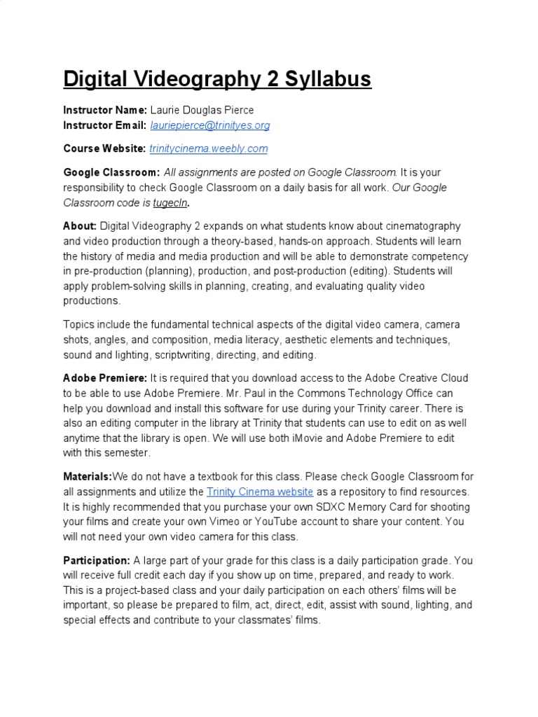 Cinematography and Video Production 2 Syllabus | PDF | Film Director ...