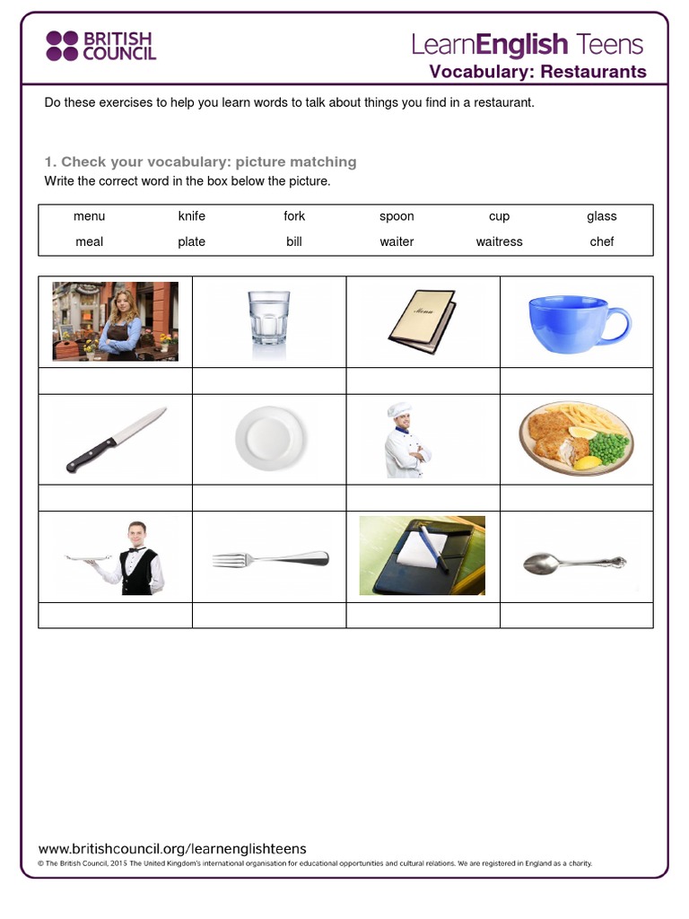Restaurant Vocabulary Exercises | PDF | Self-Improvement | Wellness