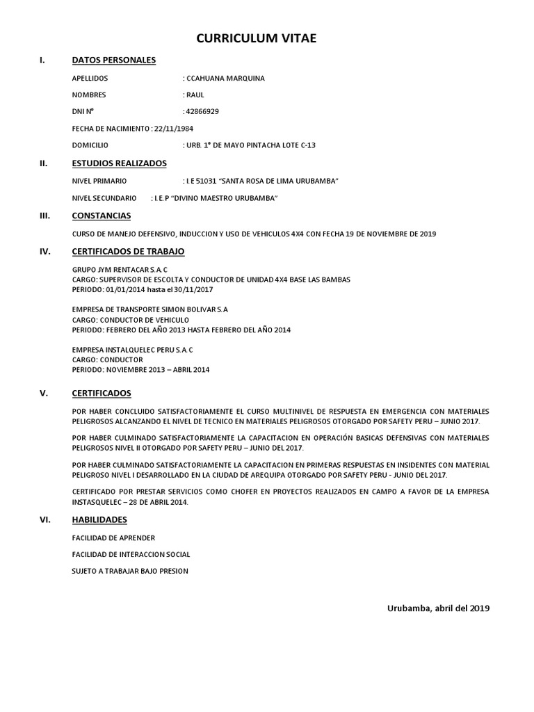 CURRICULUM VITAE Raul Ccahuana 2020 | PDF | Business