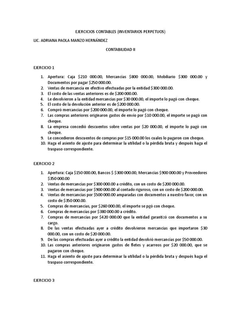 Ejercicios Contables. (Inventarios Perpetuos) | PDF | Cheque | Economias