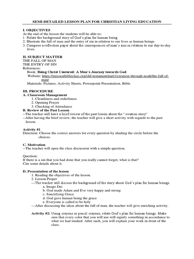 Lesson Plan - Christian Living Education | PDF | Adam And Eve | Grace ...