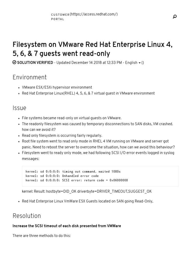 Filesystem On VMware Red Hat Enterprise Linux 4, 5, 6, & 7 Guests Went Read-Only PDF | PDF ...