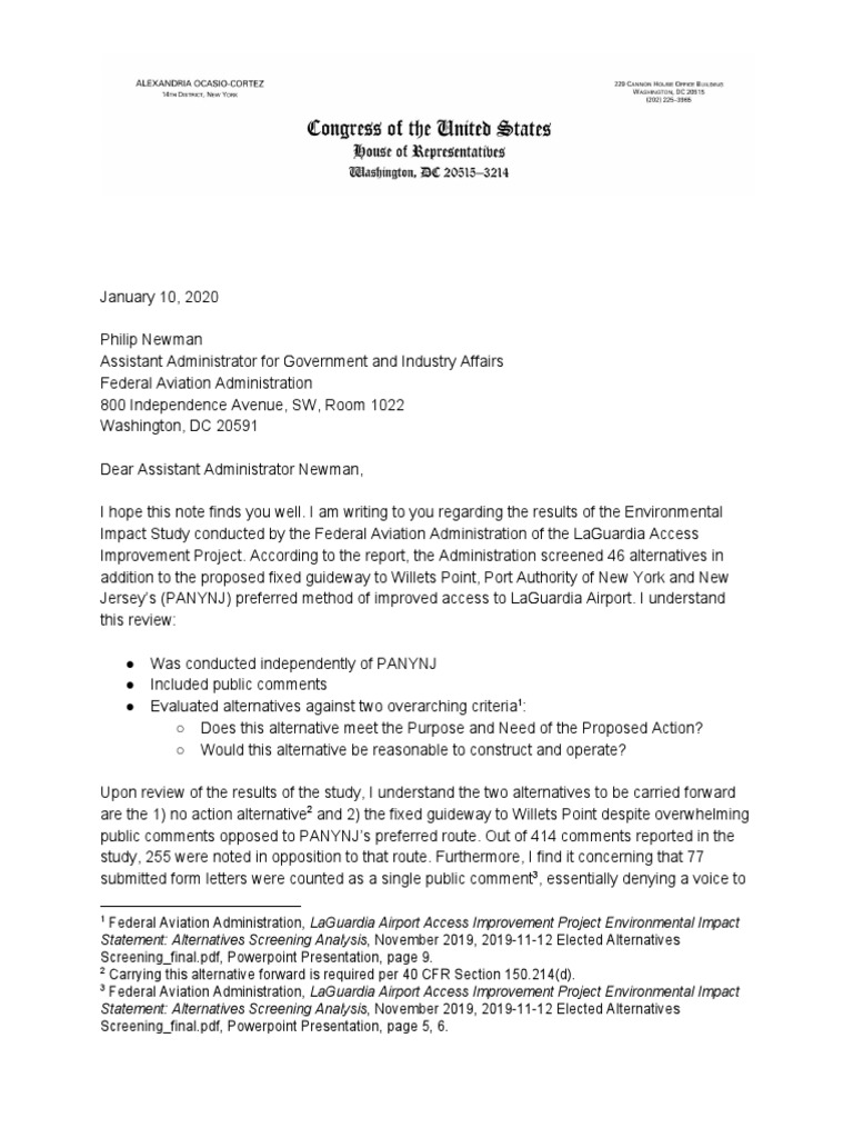 Alexandria Ocasio-Cortez Letter To FAA | PDF | Land Transport | Service ...