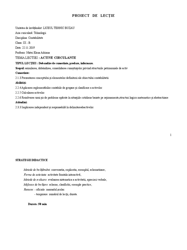 Proiect de Lectie - Active Circulante - Doc Grad | PDF