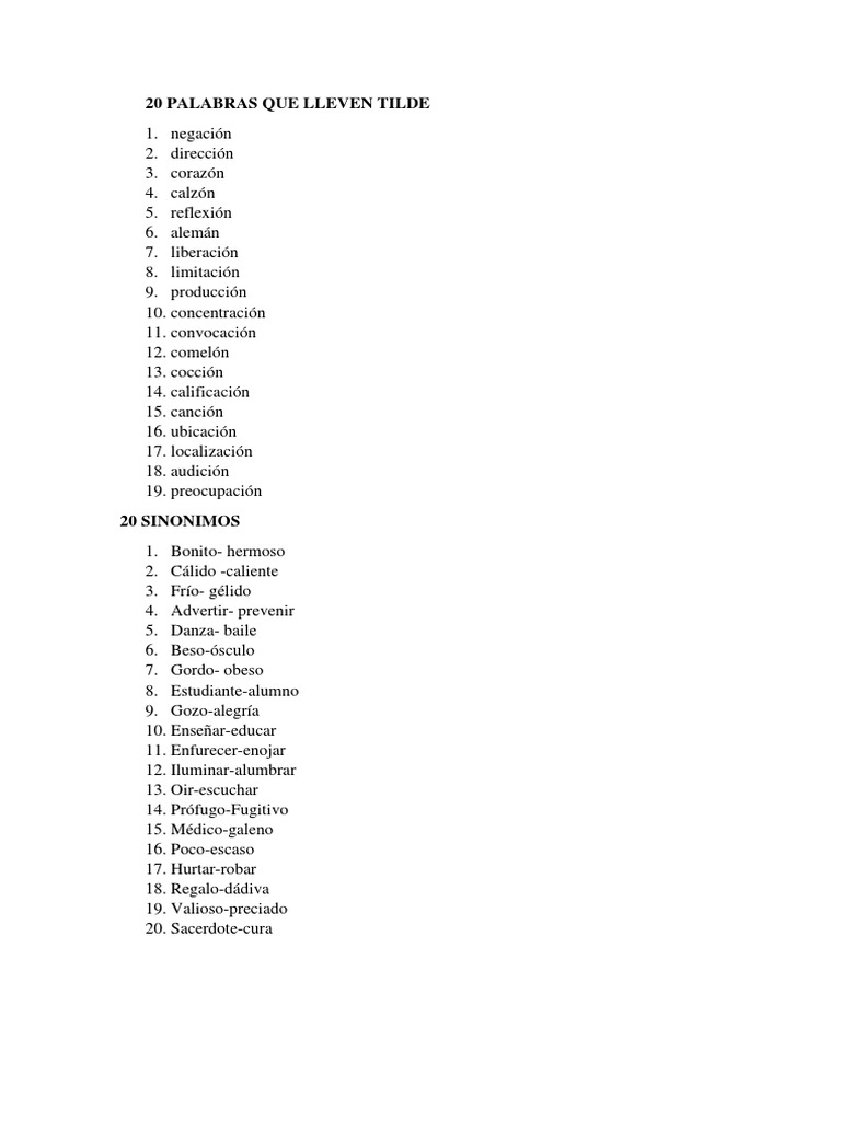 20 Palabras que Llevan Tilde | PDF