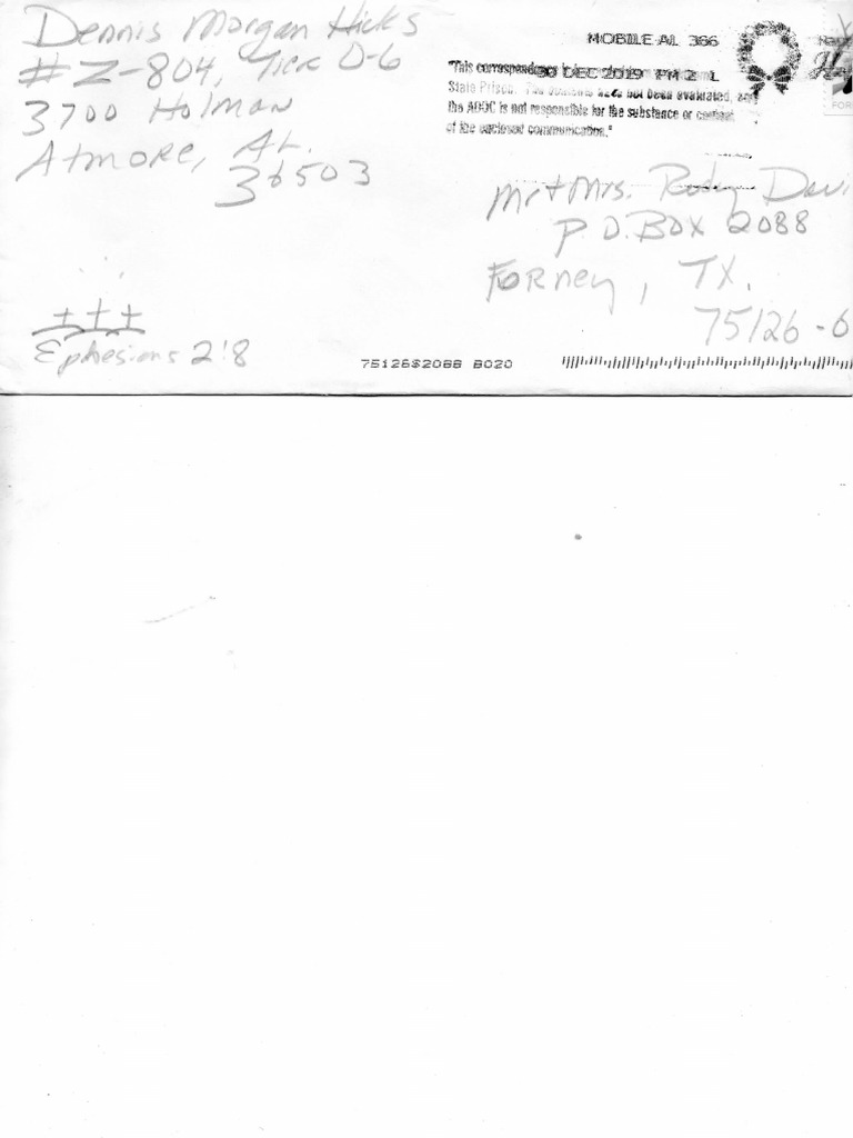 Innocent Prisoner Dennis Hicks (Alabama Death Row) Letter | PDF