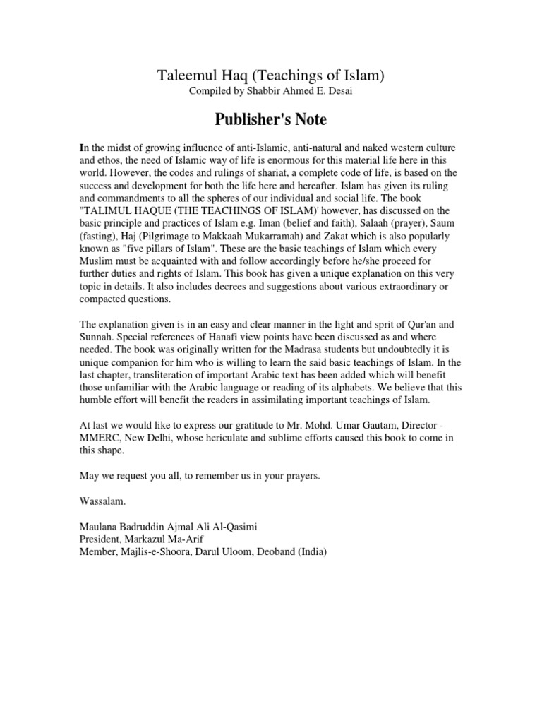 Teachings of Islam: Talimul Haq Guide | PDF | Prophets And Messengers ...