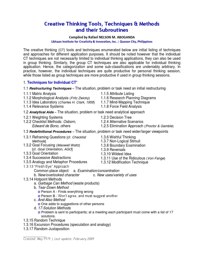 Creative Thinking Tools Techniques Methods Subroutines - RNMAboganda ...