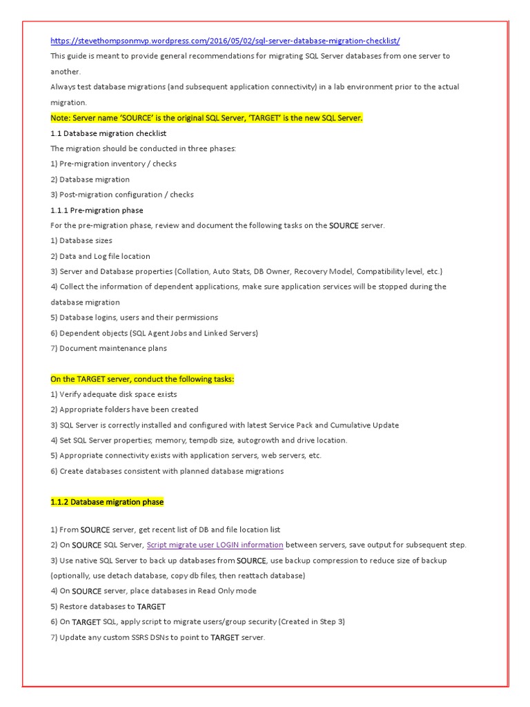 SQL DB Migration Checklist (Praveen) MB: 91-8197293434 PDF | PDF | Microsoft Sql Server | Databases