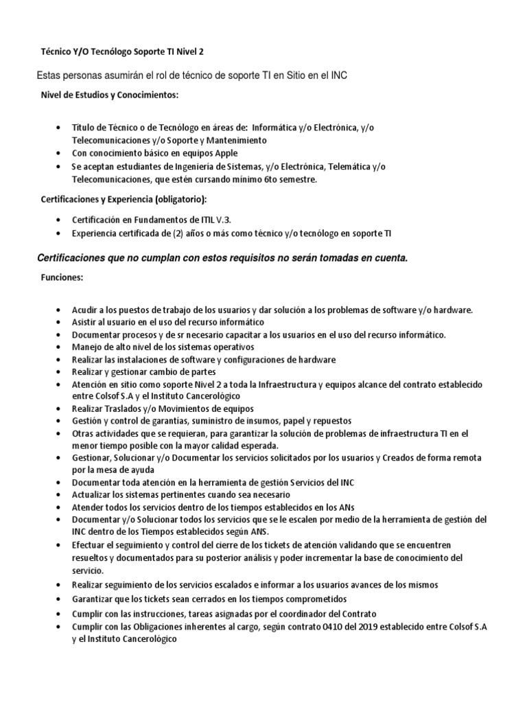 Tecnico o Tecnologo de Nivel 2 - Perfil y Funciones | PDF | Usuario ...