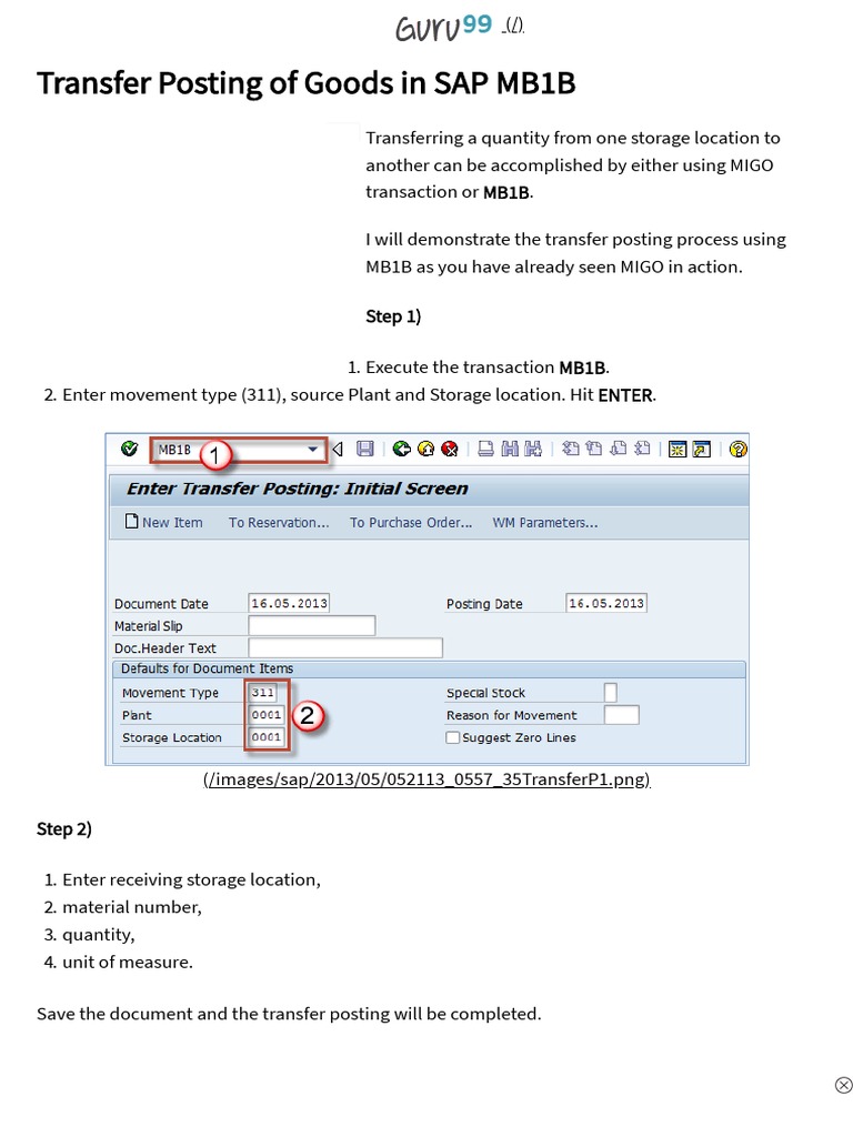 Transfer Posting of Goods in SAP MB1B | PDF