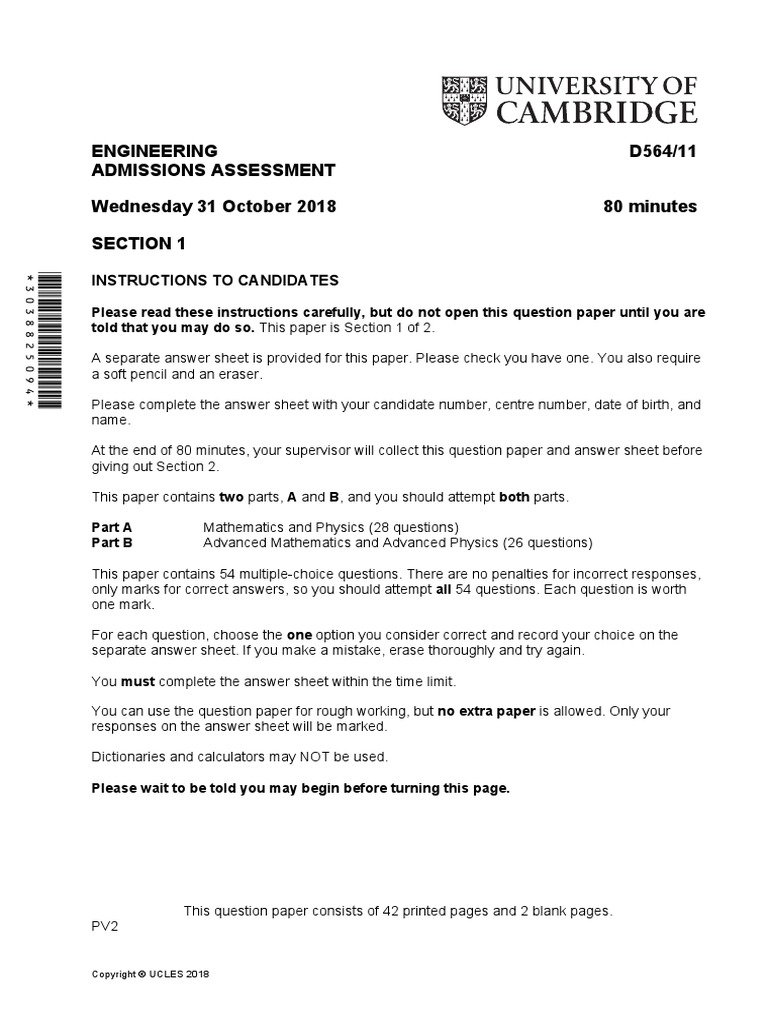 Cambridge Admissions Test (Specimen Paper, 2018) | PDF | Neutron | Force
