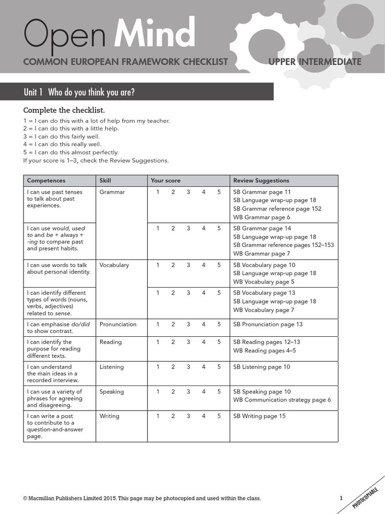Open Mind Upper Intermediate Unit 1 CEFR Checklist | PDF | Vocabulary | Grammar